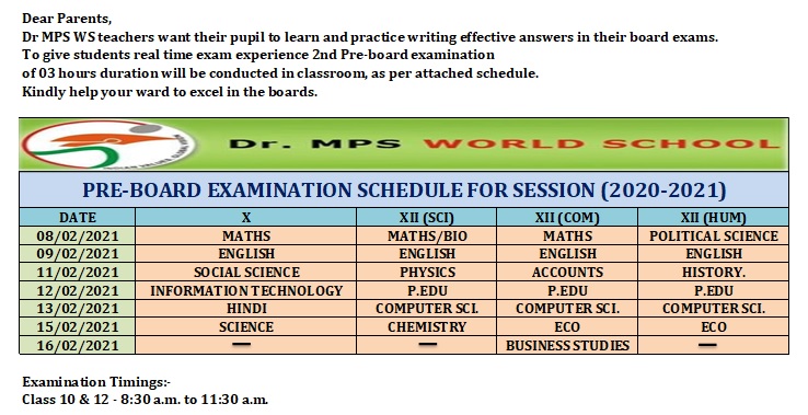PRE-BOARD-2 EXAMINATION SCHEDULE (2020-2021) - DR MPS WORLD SCHOOL